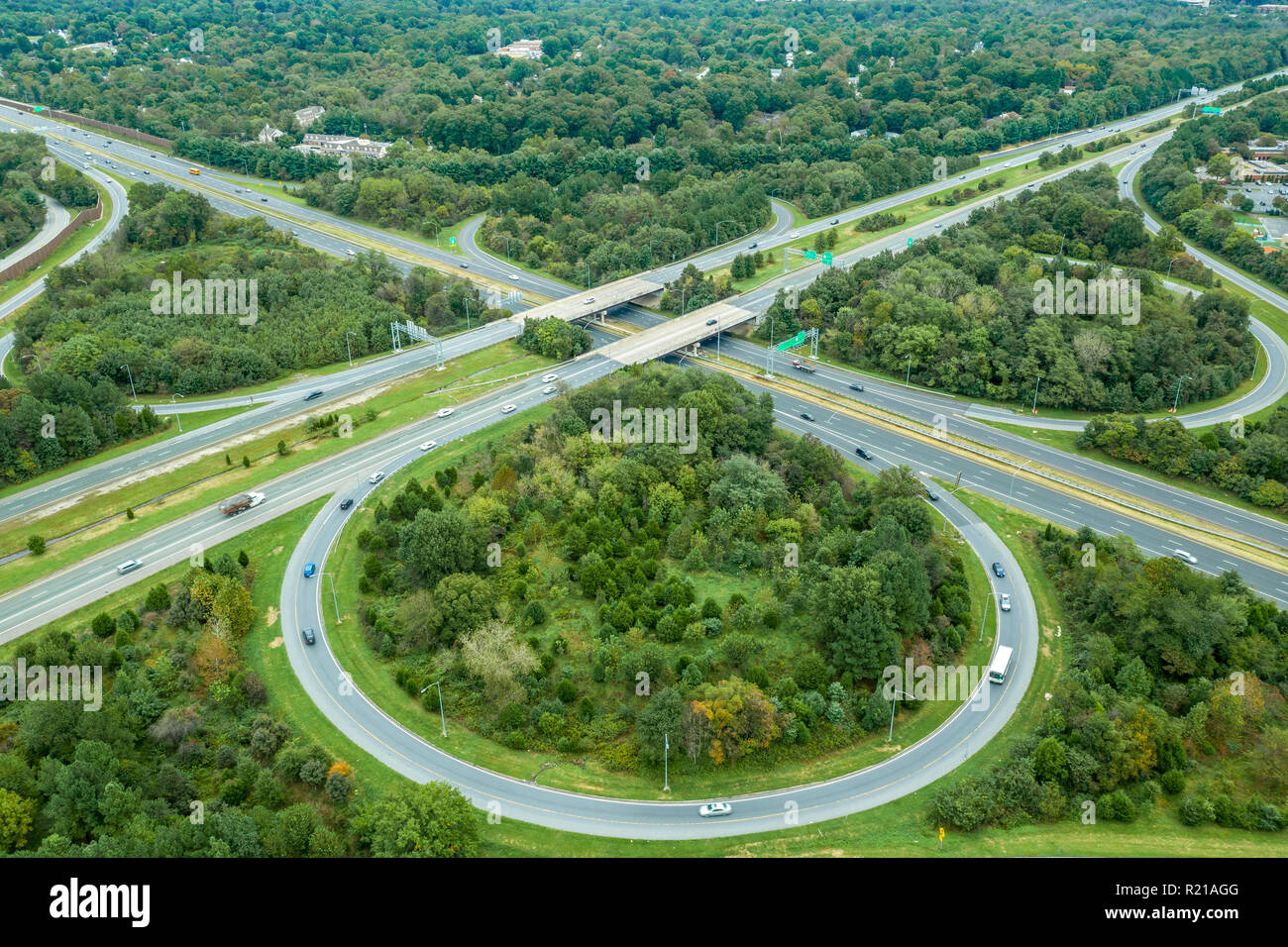 Cross roads intersection on an American interstate highway from above ...