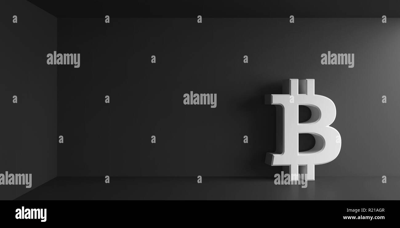 White bitcoin symbol on dark gray background, three-dimensional ...
