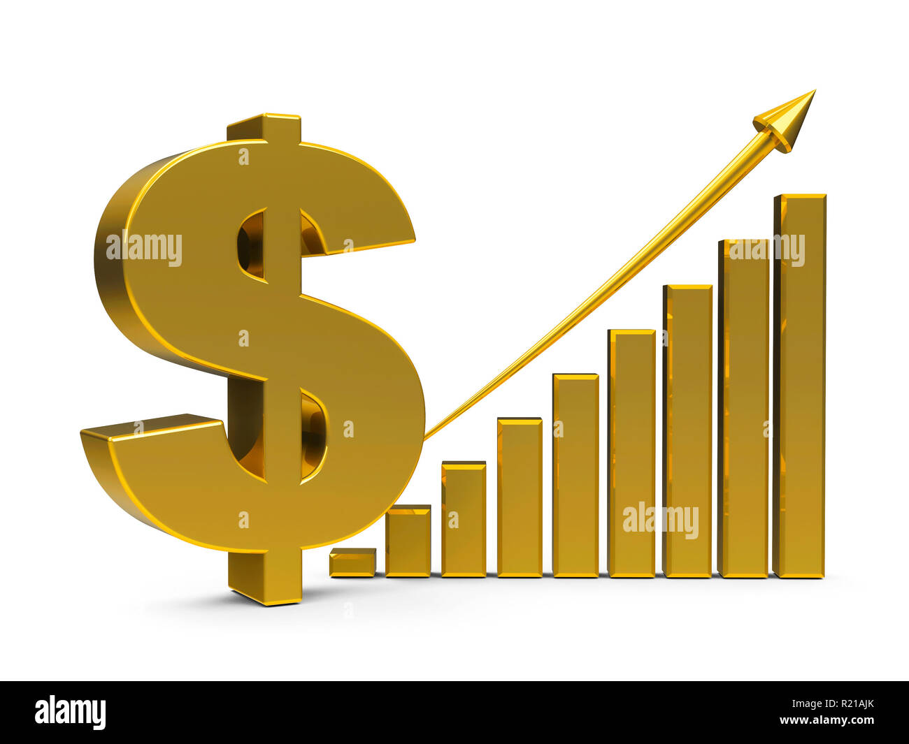Gold business graph with arrow up and dollar sign represents the growth ...