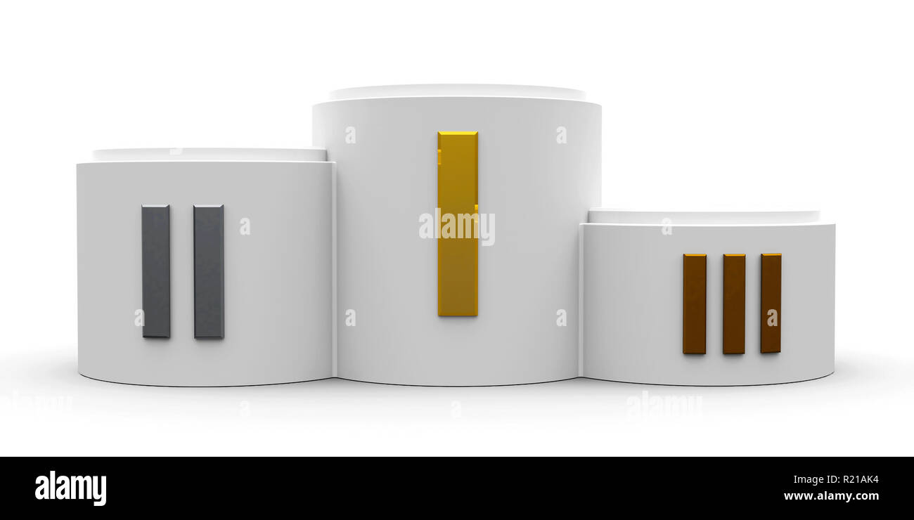 White cylinder podium with three rank places (roman numerals), three ...