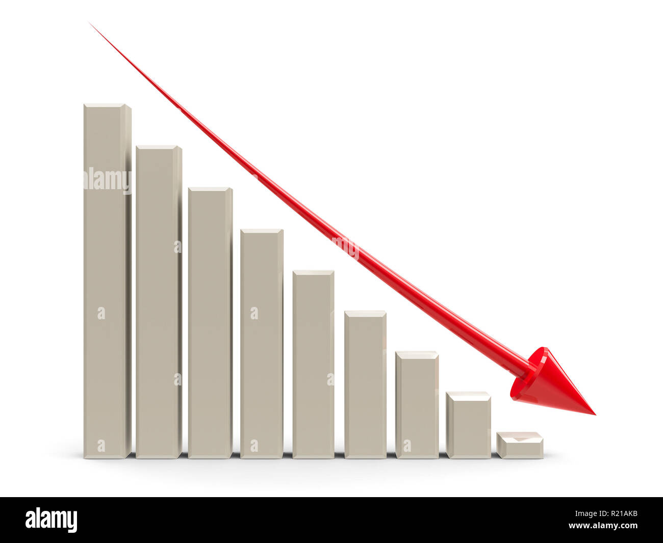 Business graph with red arrow down represents the decrease, three ...