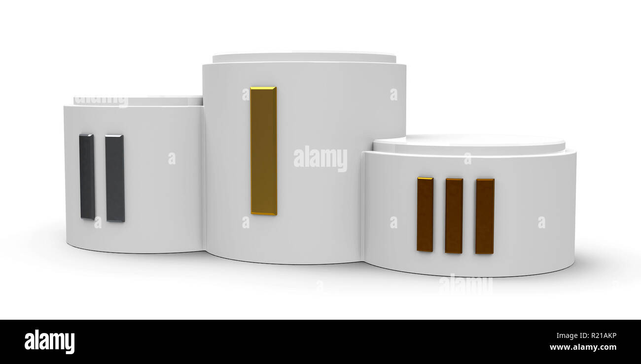 White cylinder podium with three rank places (roman numerals), three ...