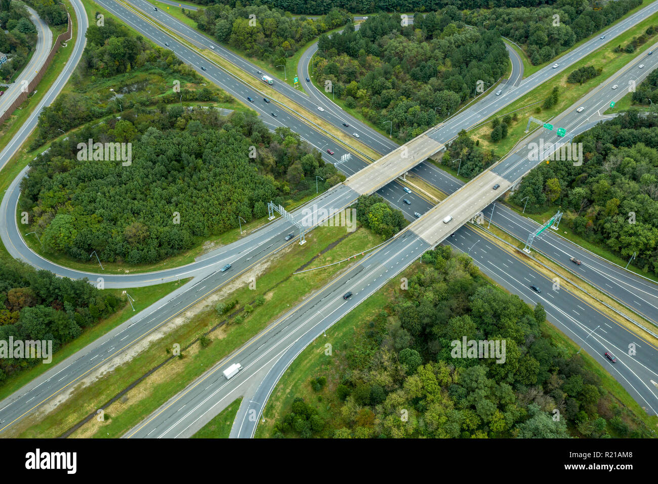 Cross roads intersection on an American interstate highway from above ...