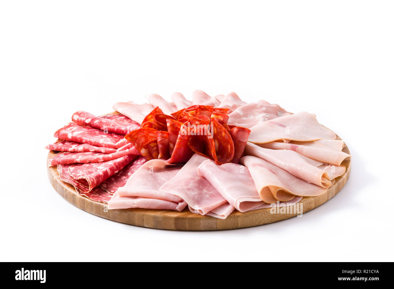 Cold meat on cutting board isolated on white background. Ham, salami ...