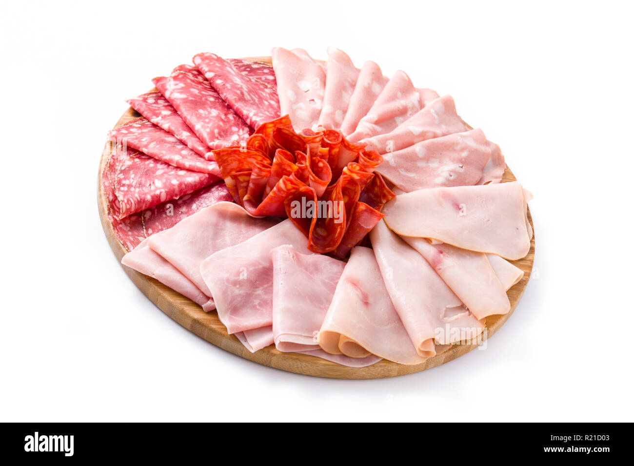 Cold meat on cutting board isolated on white background. Ham, salami ...