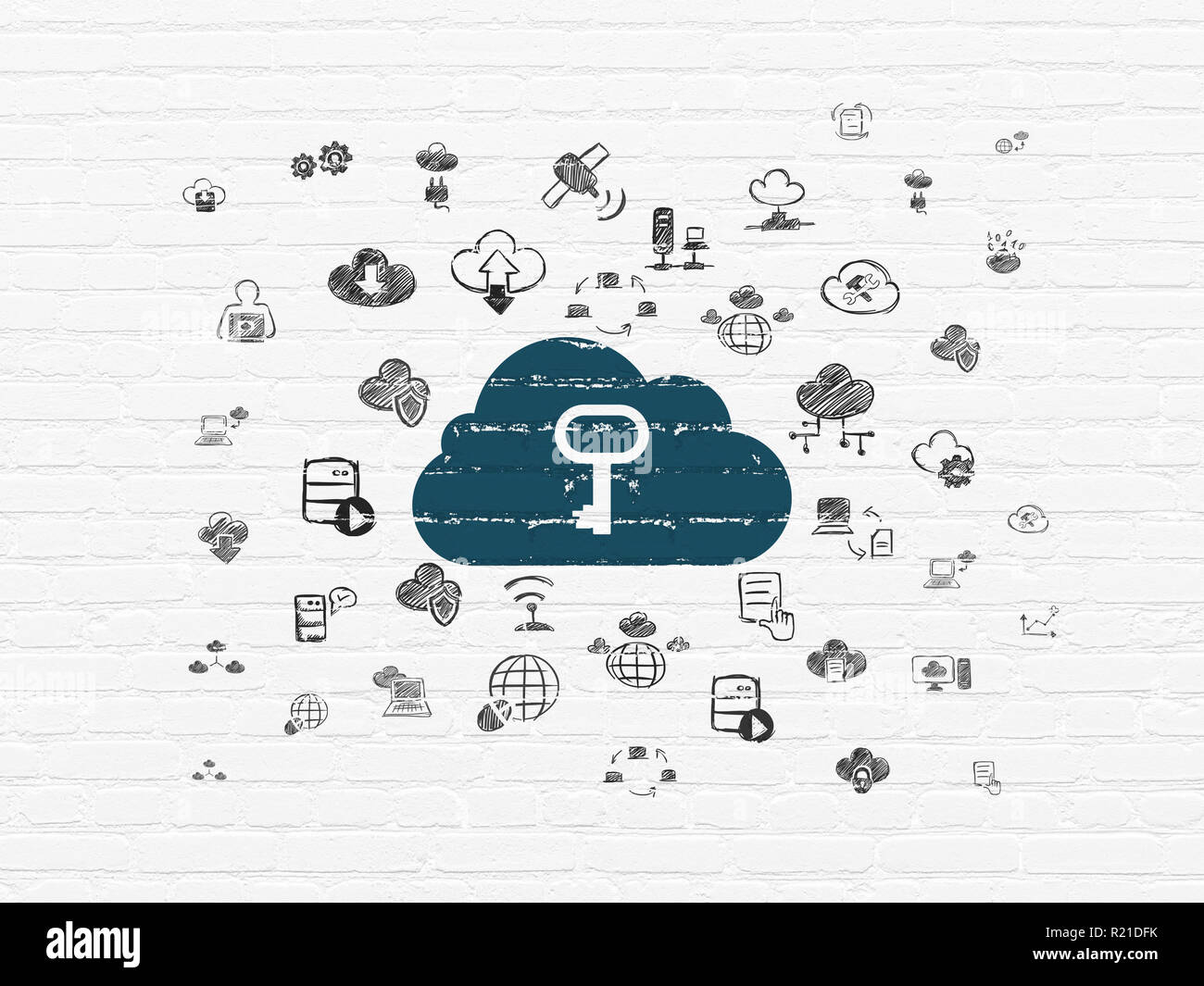 Cloud networking concept: Cloud With Key on wall background Stock Photo ...