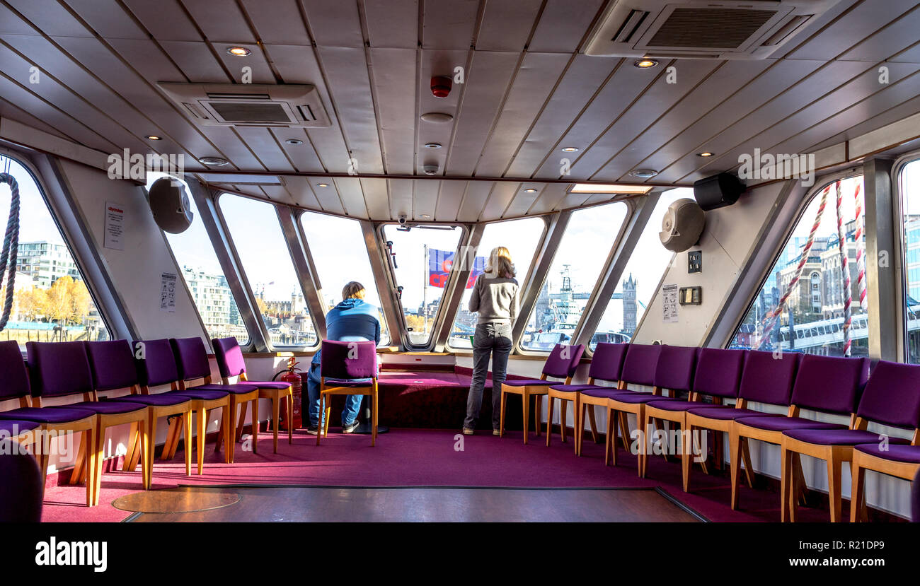 Interior Of A Tourist River Boat on the Thames London UK Stock Photo ...