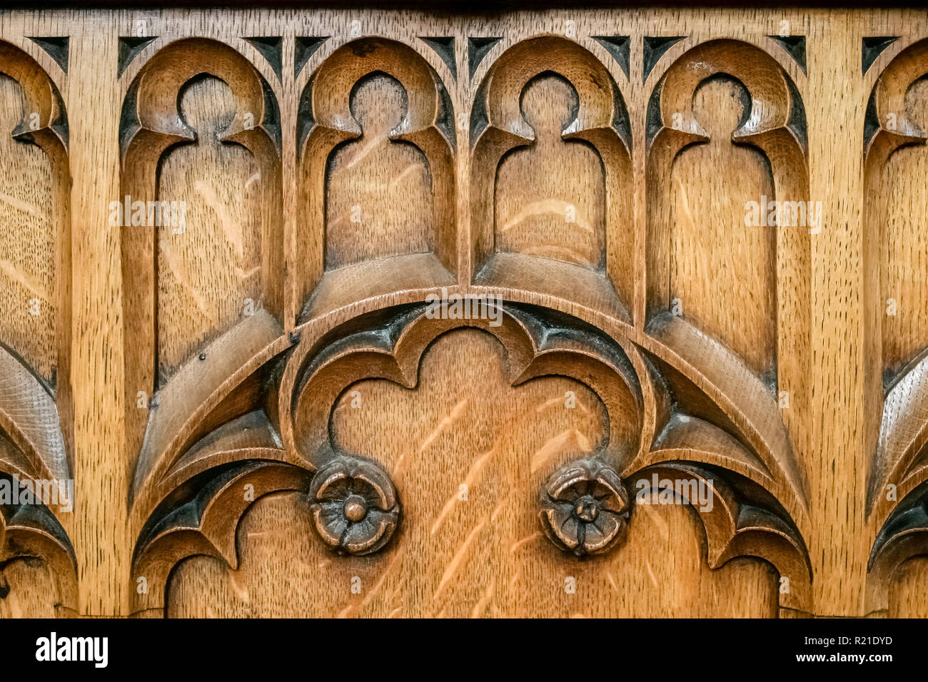Gothic carved wood panel on the organ inside St. Peters church ...