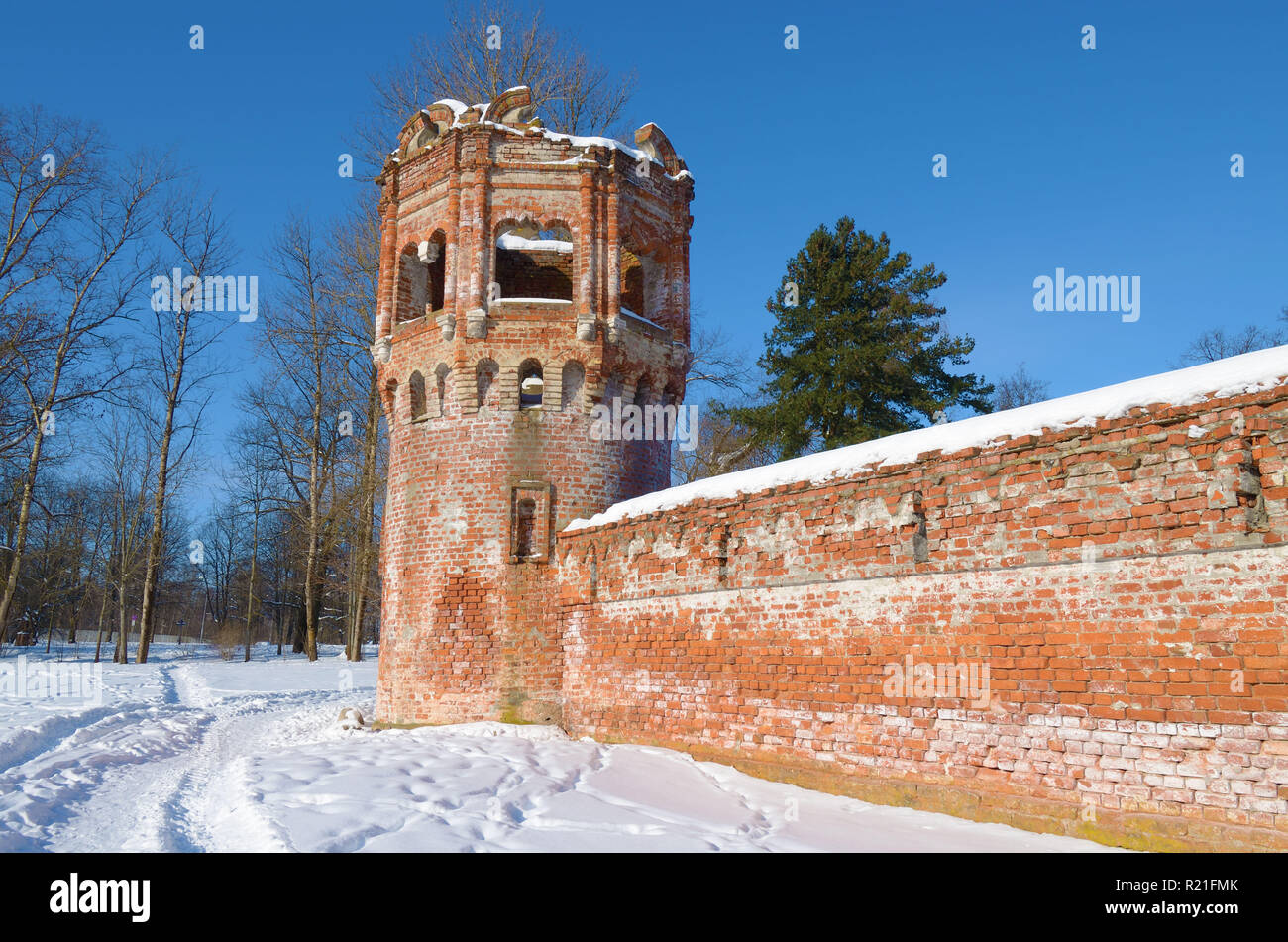 The barrier wall is made of red stone.This is an ancient historical ...