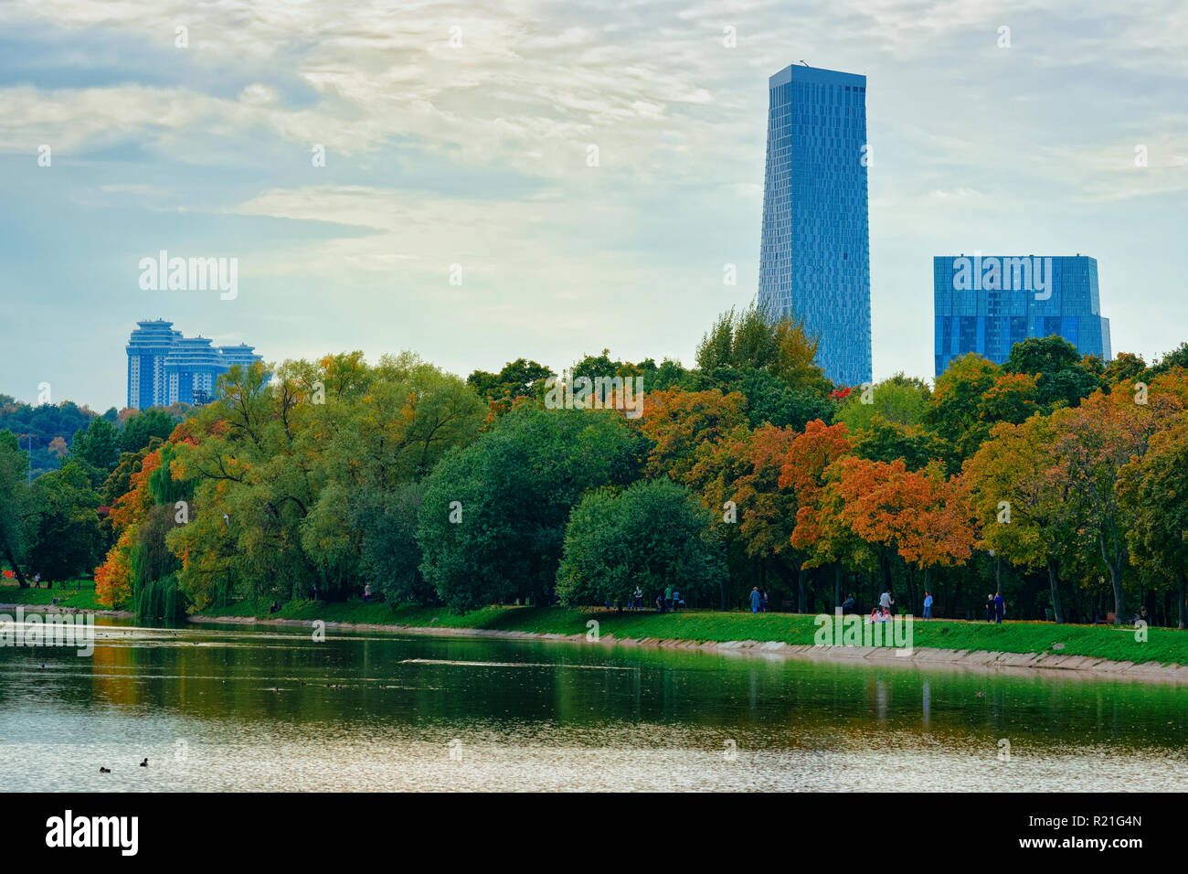 Moscow City skyscrapers and Park at Novodevichy Pond in Moscow of ...