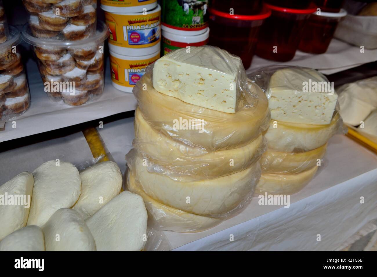 Traditional cheese - Market in HUARAZ. Department of Ancash.PERU Stock ...