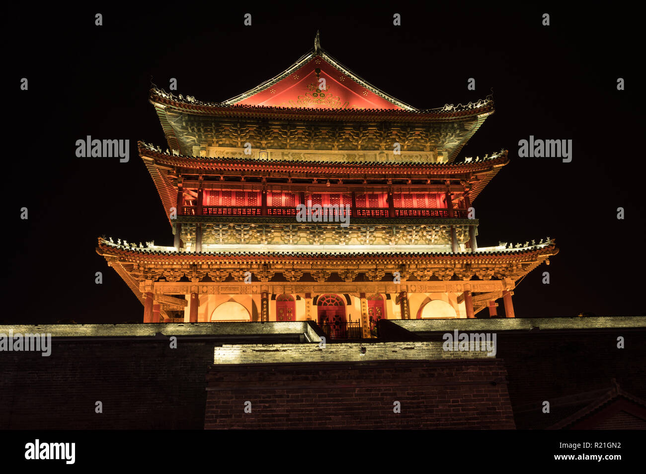 Illuminated Bell tower in Xian, China at night Stock Photo - Alamy