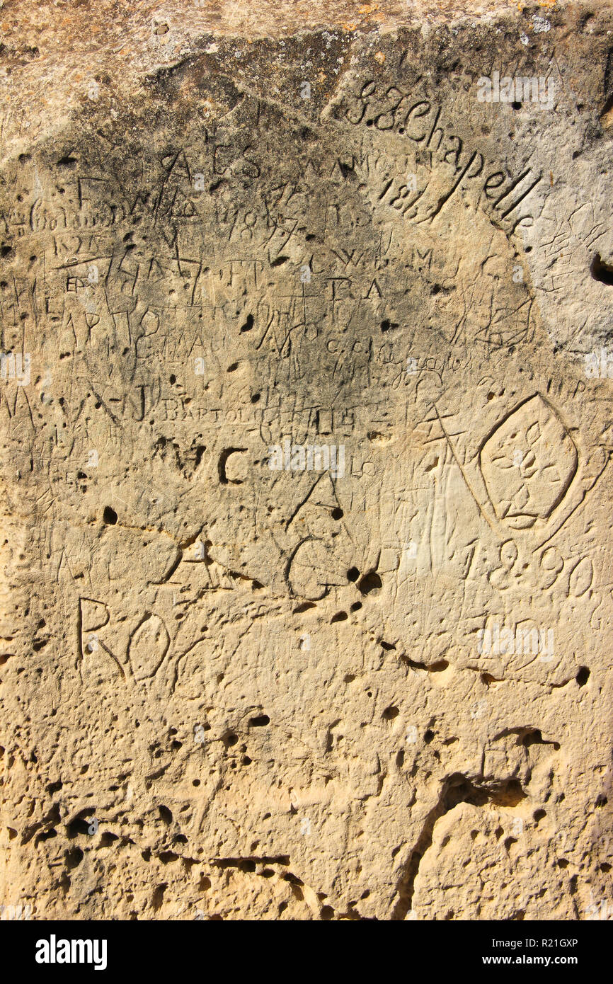 Aged writing on the stone wall made in XIX century or earlier Stock ...