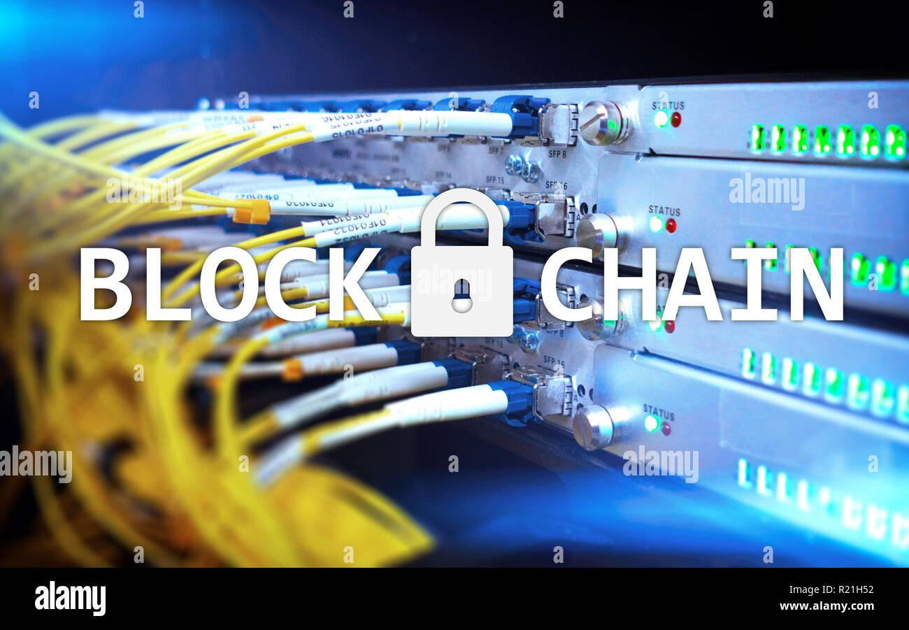 Blockchain technology Concept on server background. Data encryption ...