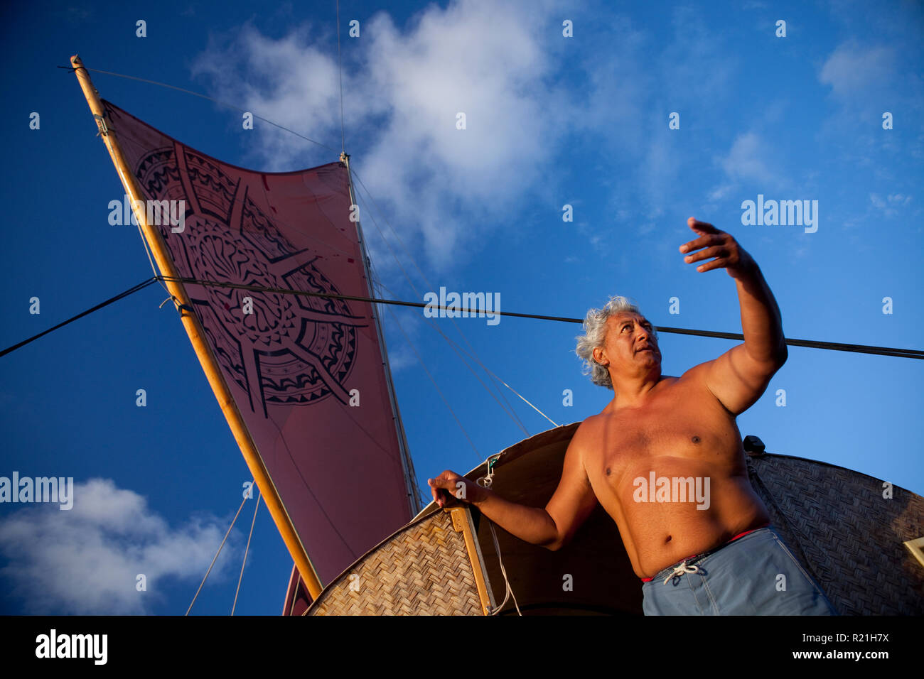 Master Navigator Tua Pittman aboard the Marumaru Atua, sailing out from ...