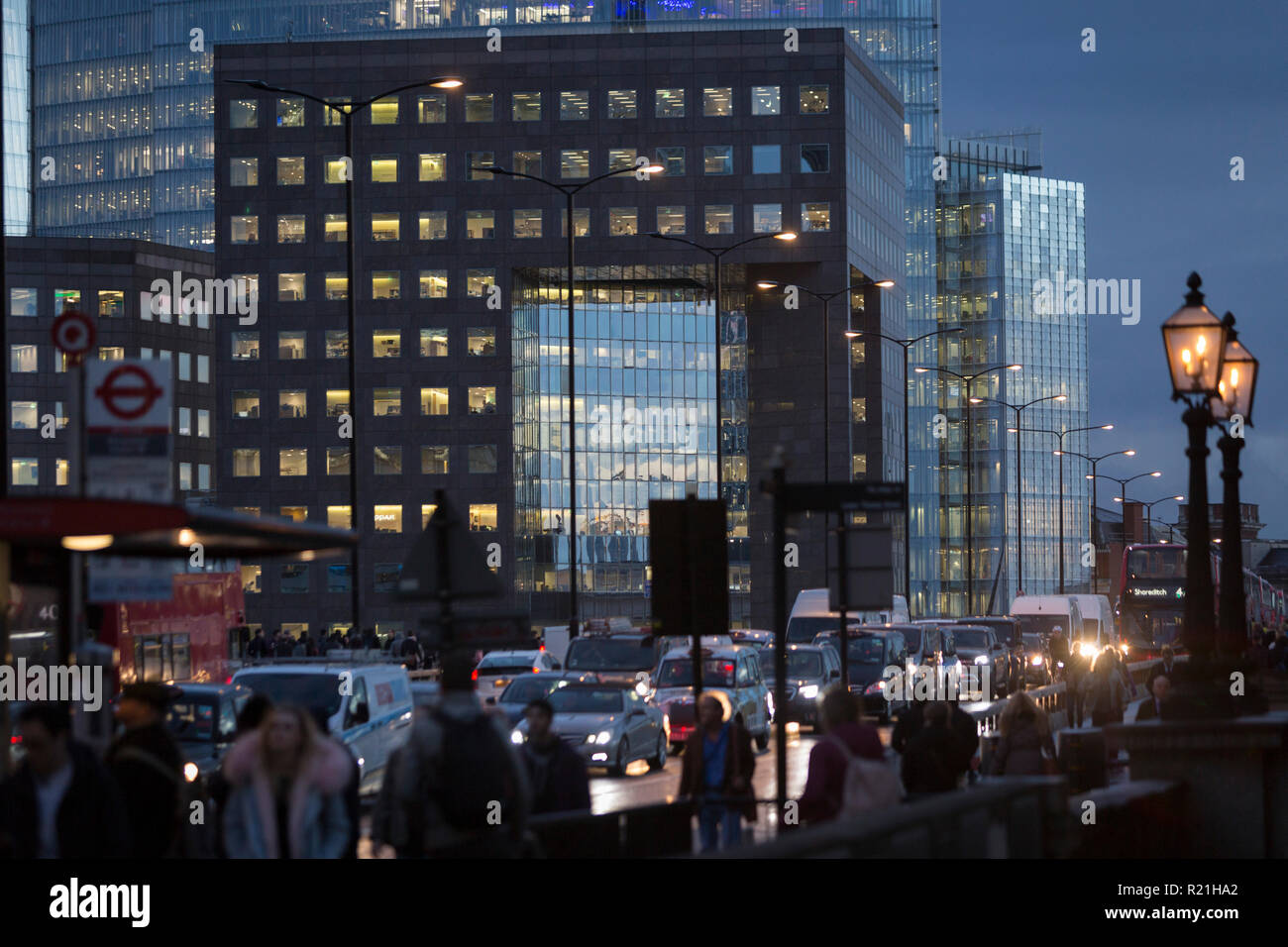 Buses and cars queue on London Bridge during the evening rush-hour, on ...