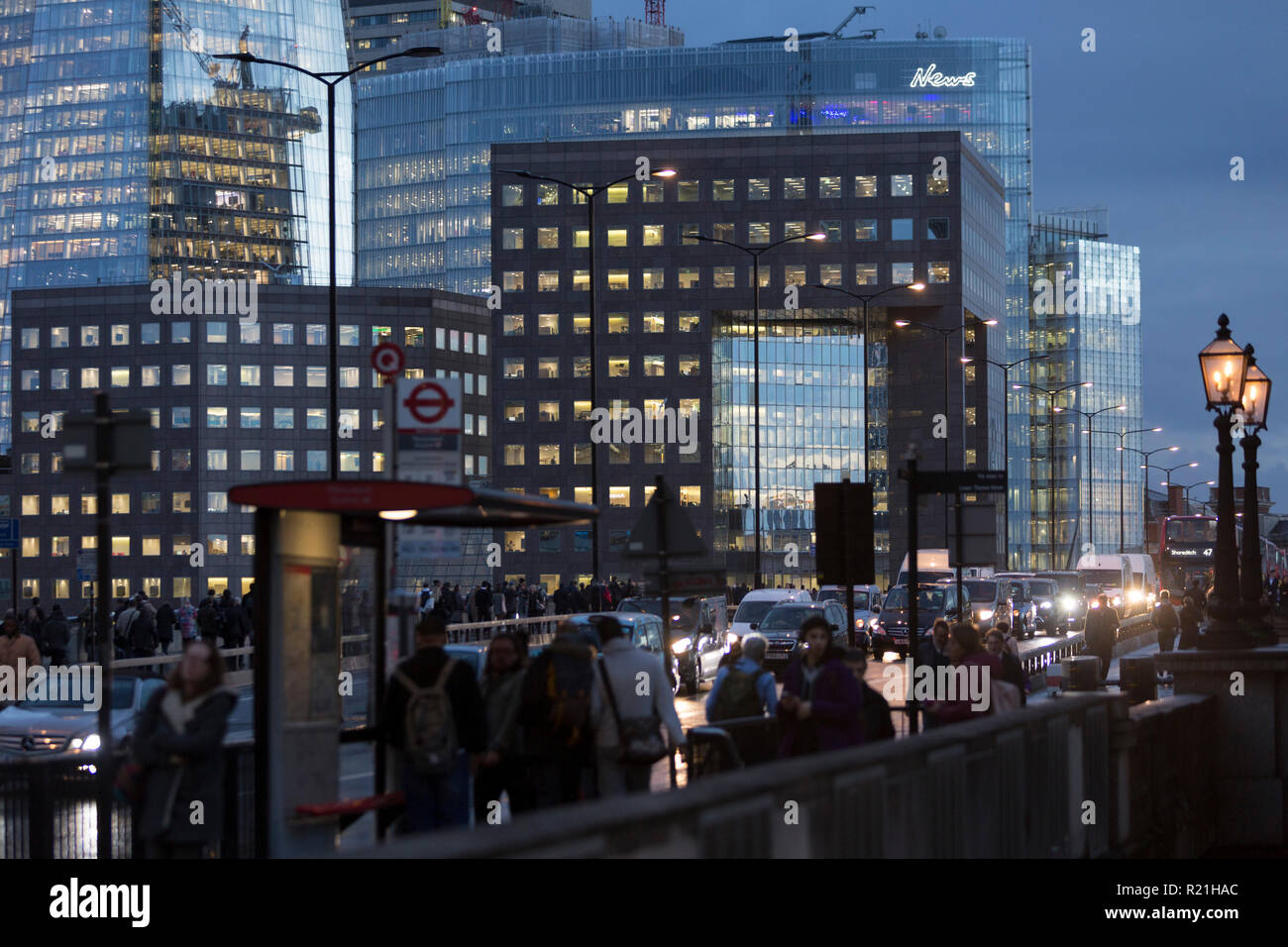 Buses and cars queue on London Bridge during the evening rush-hour, on ...