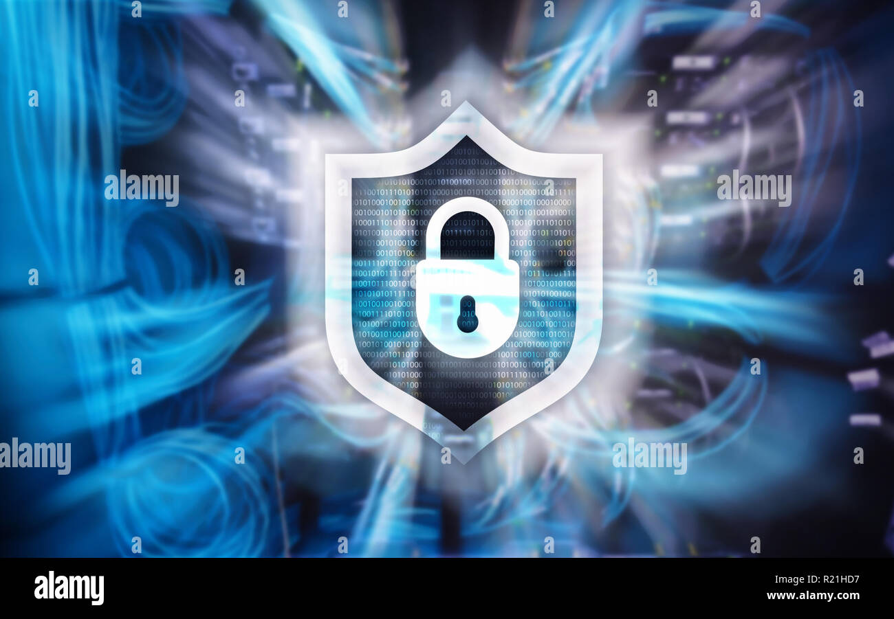 Cyber protection shield icon on server room background. Information ...