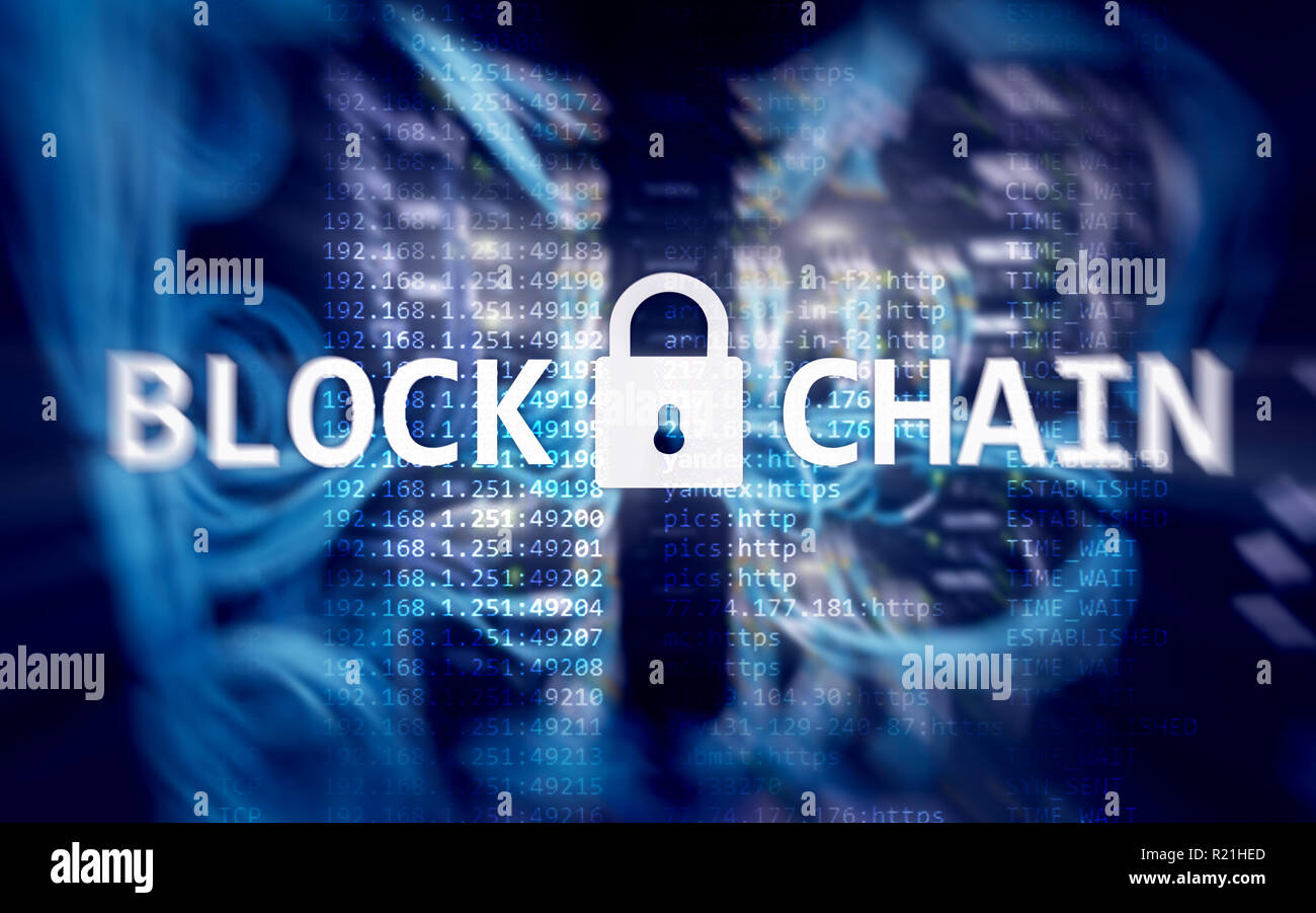 Blockchain technology Concept on server background. Data encryption ...