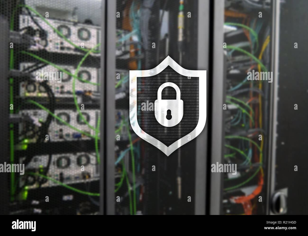Cyber protection shield icon on server room background. Information ...