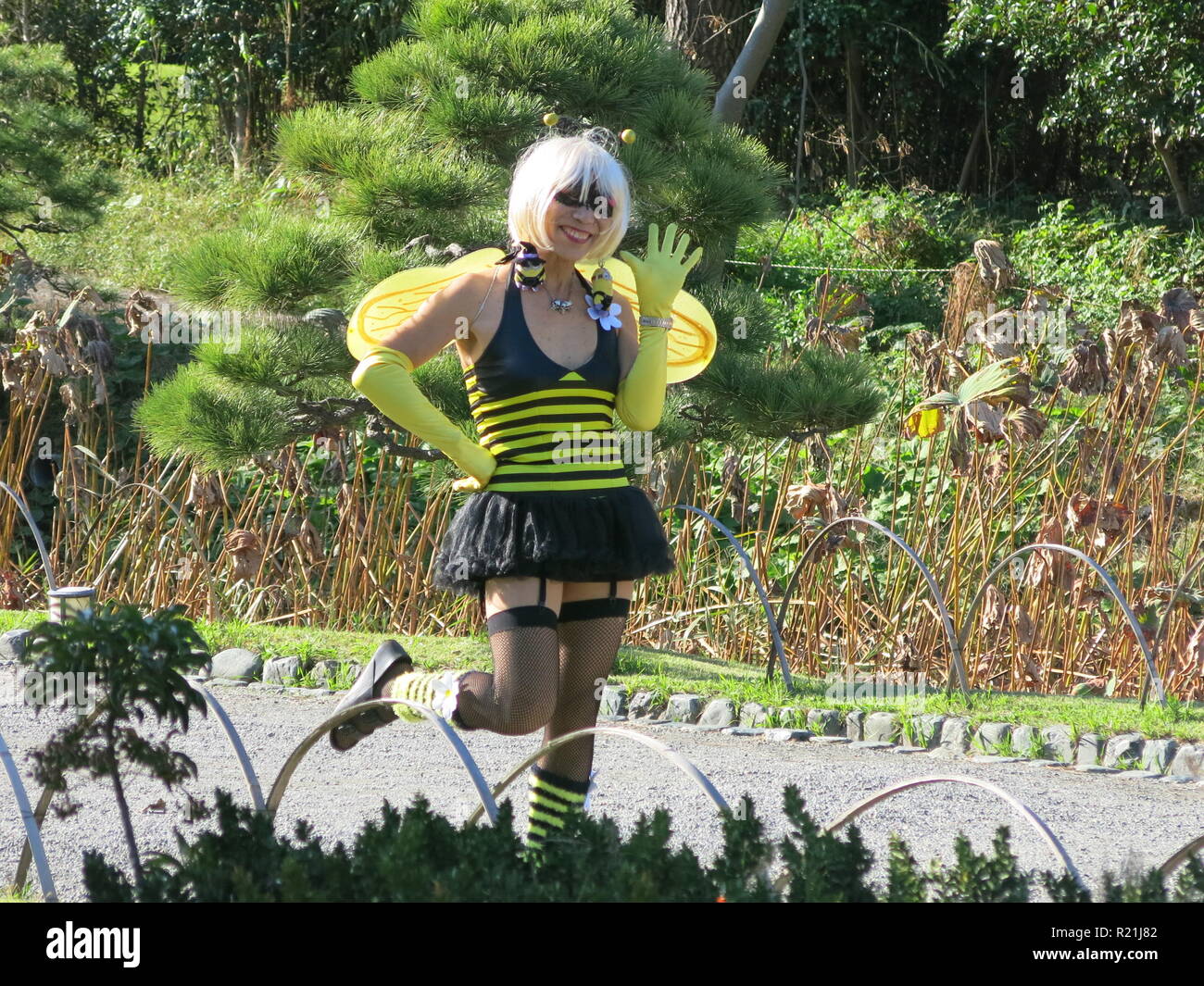 View of a young woman dressed up as a bee, celebrating Japanese fashion ...