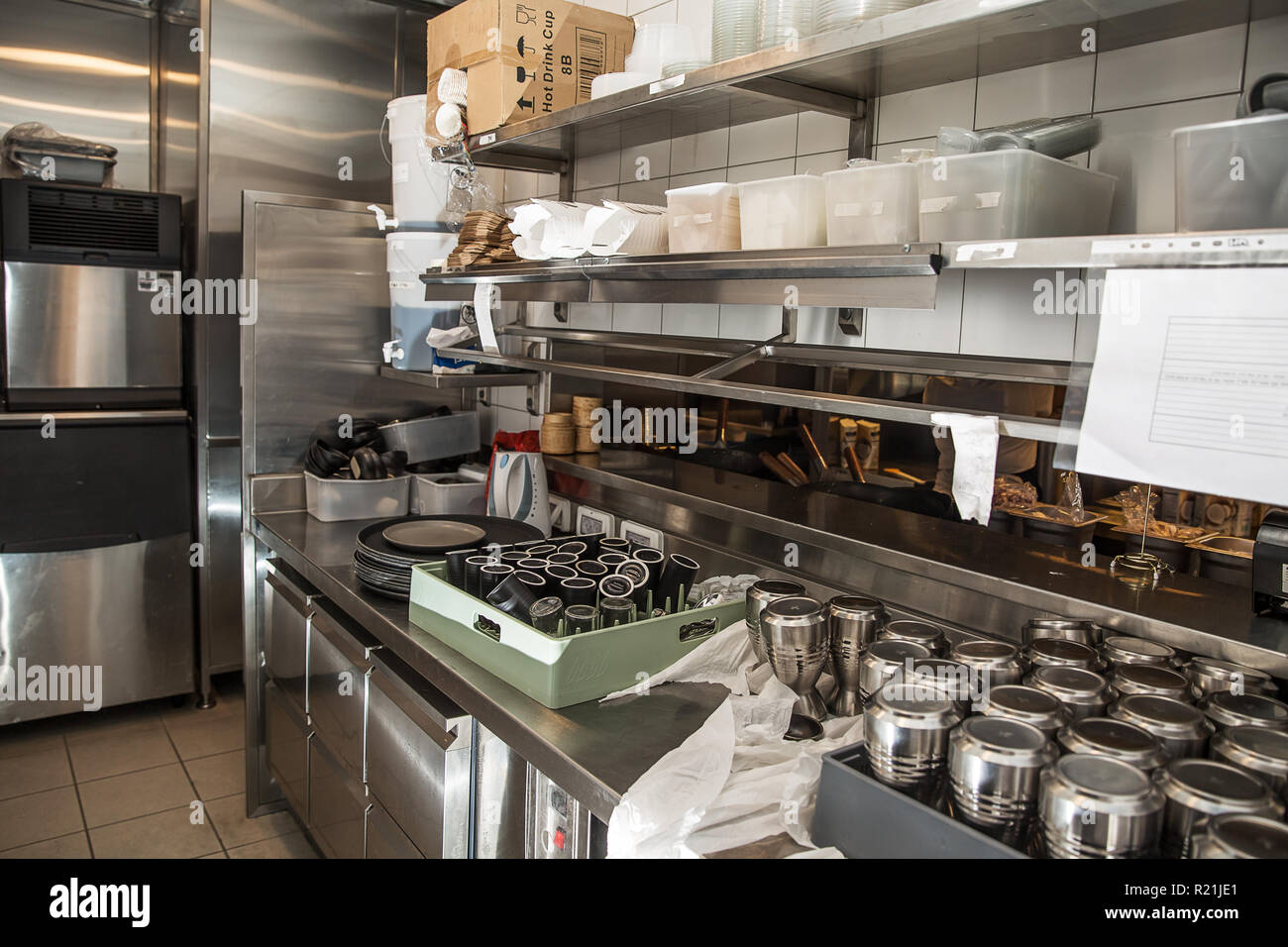 Professional kitchen, view counter in stainless steel Stock Photo - Alamy