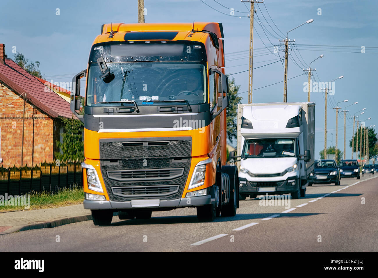Empty truck on the road in Poland. Lorry transport delivering some ...