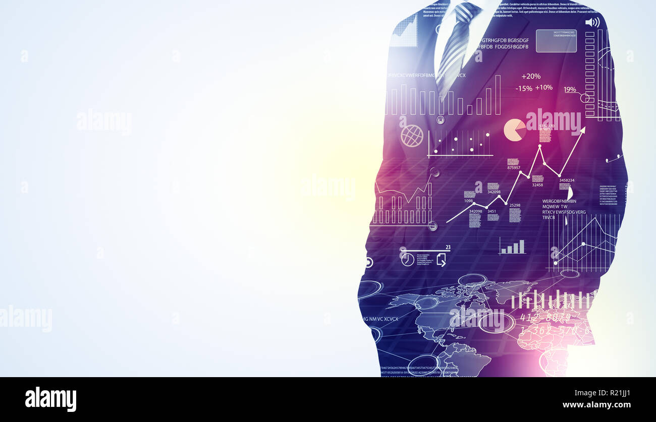 Leader man standing and thinking with graphs, charts, diagrams on the ...