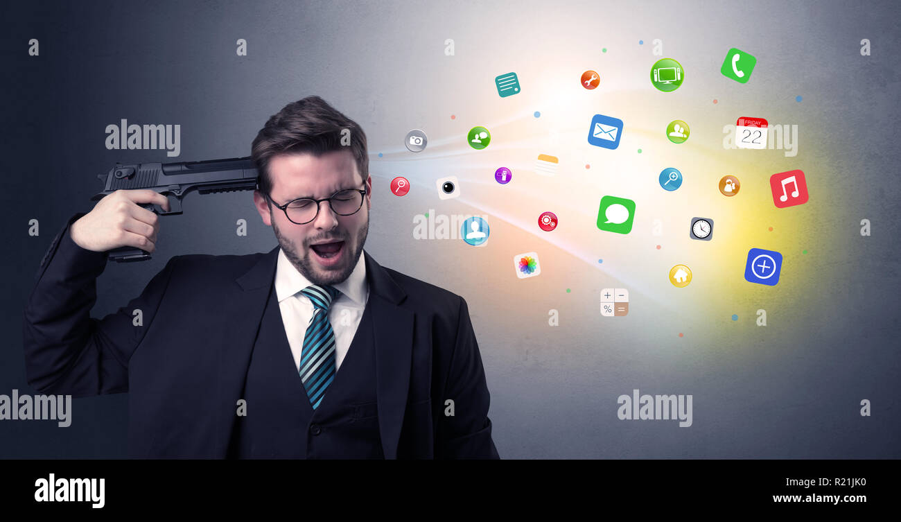 Man shoots his head with gun and application icons coming out from his ...