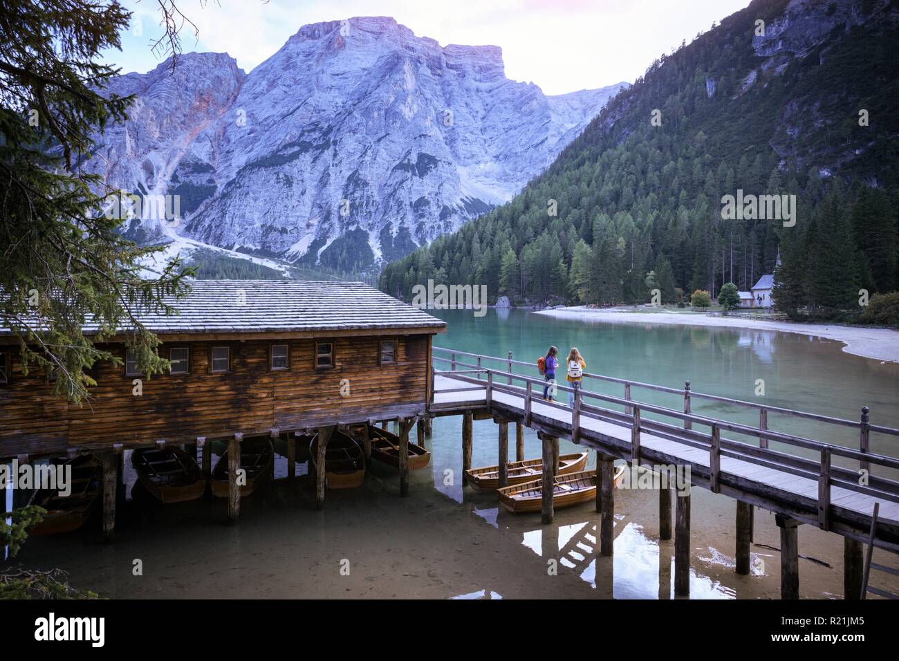 view of well-known tyrolean lake lago di Braies, Dolomites. Italy Stock ...