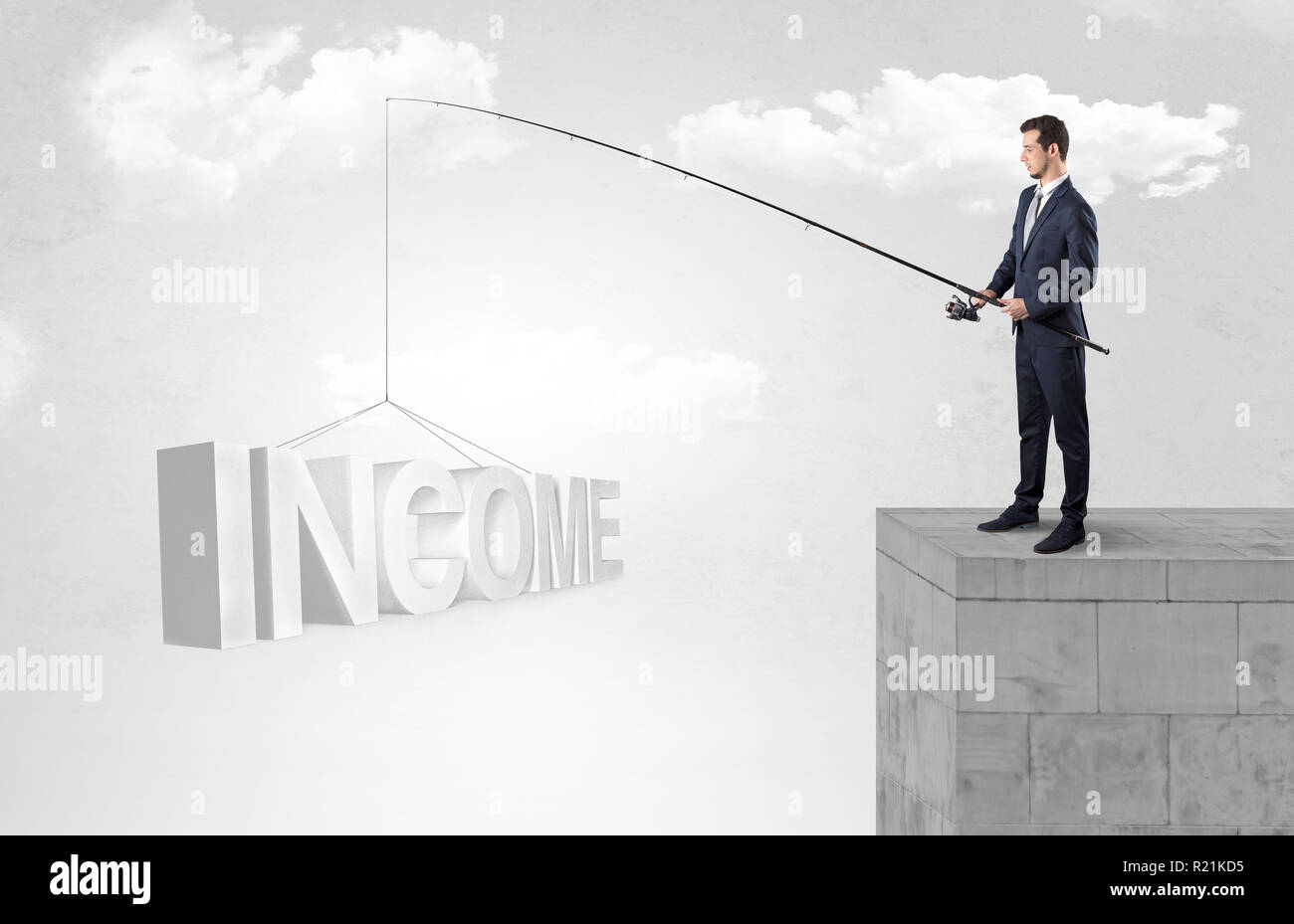 Young businessman fishing money, income from the top of a building ...