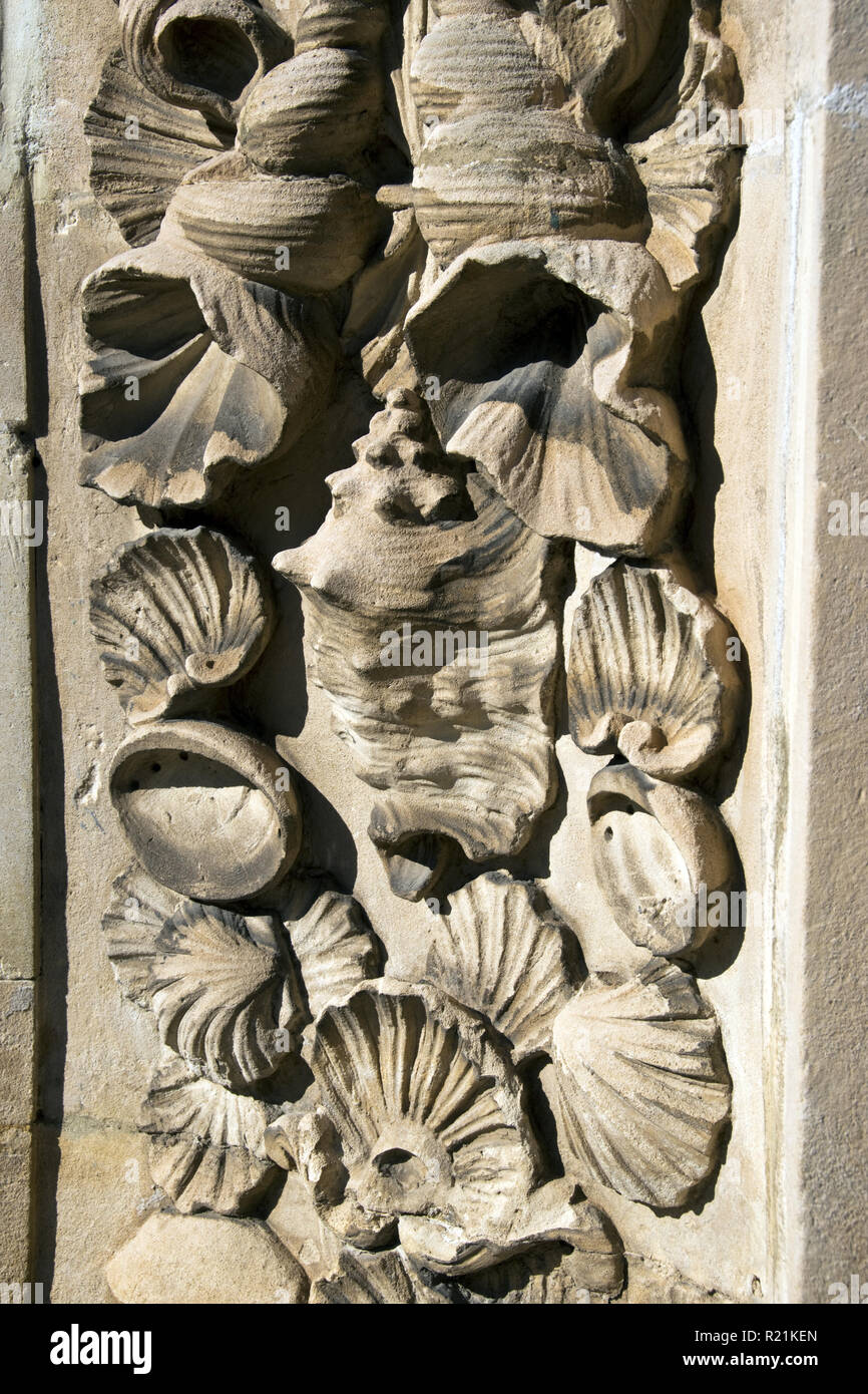 Seashells carved in stone around the door of Chateau de Cirey in Cirey ...