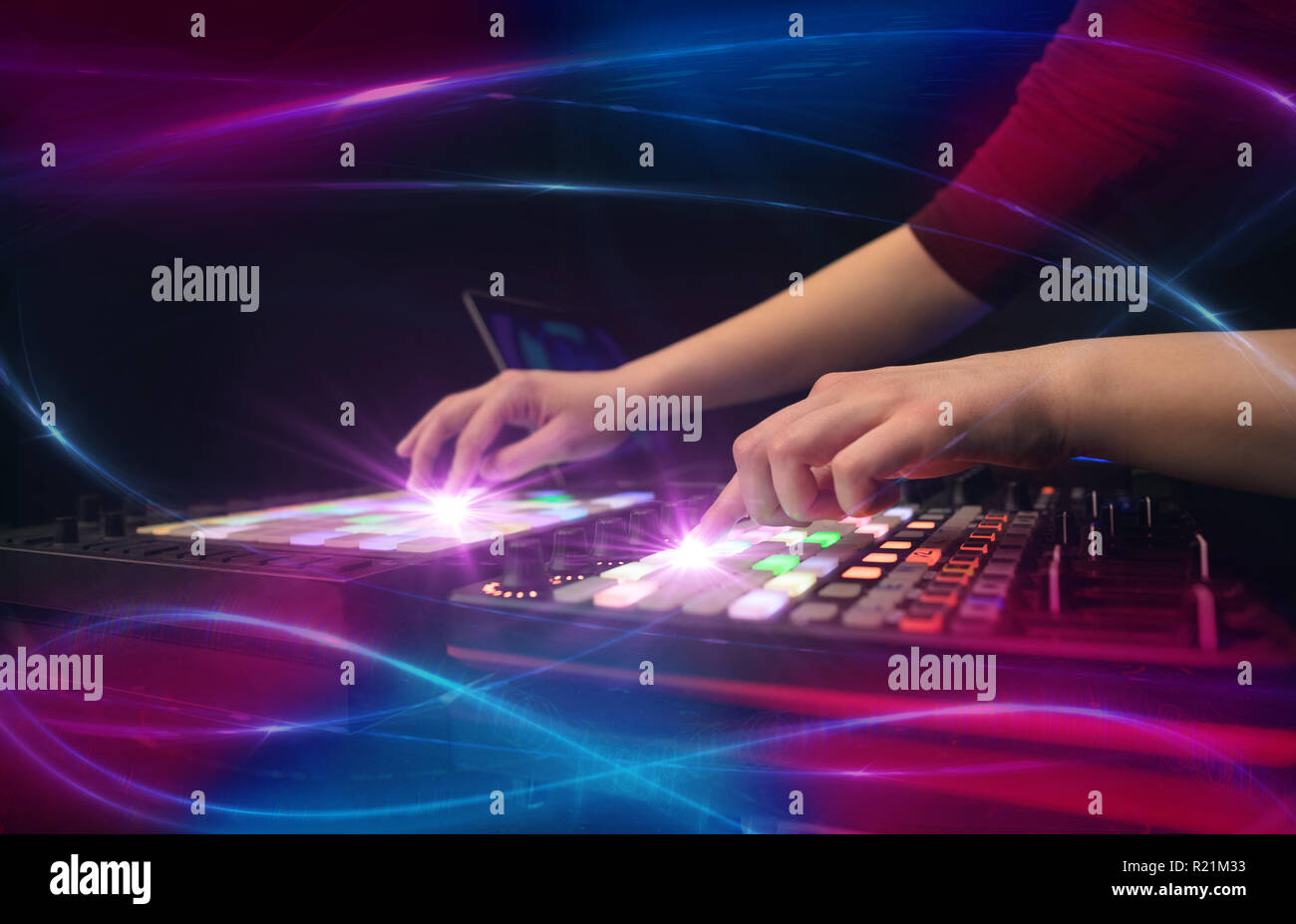 Hand mixing music on midi controller with wave vibe concept Stock Photo ...
