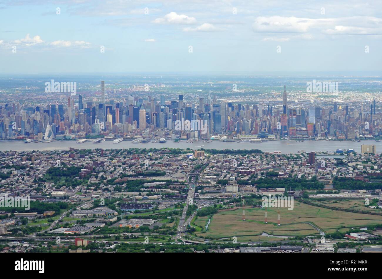 Aerial view of the Manhattan skyline in New York City seen from an ...
