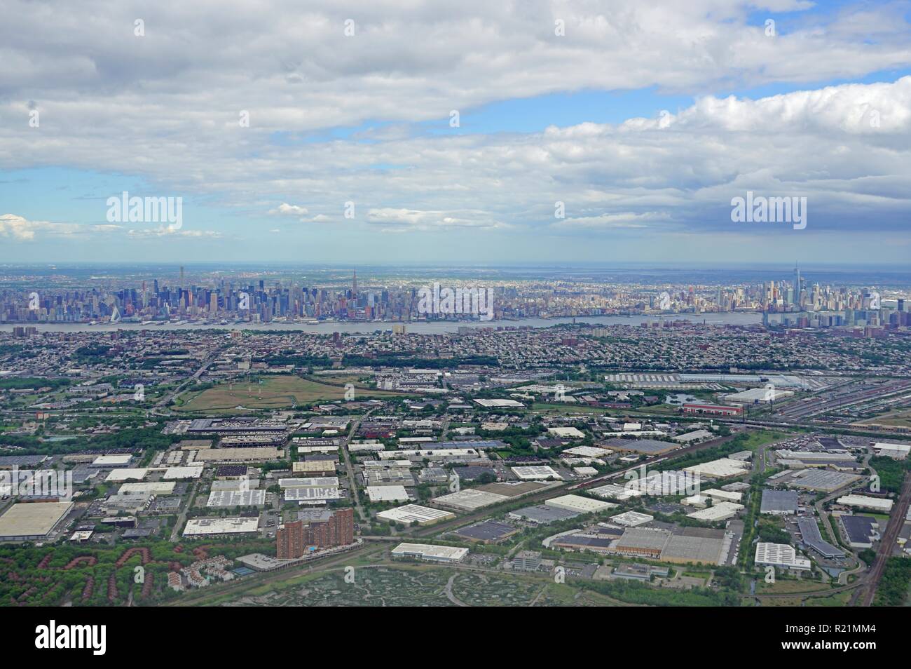 Aerial view of the Manhattan skyline in New York City seen from an ...