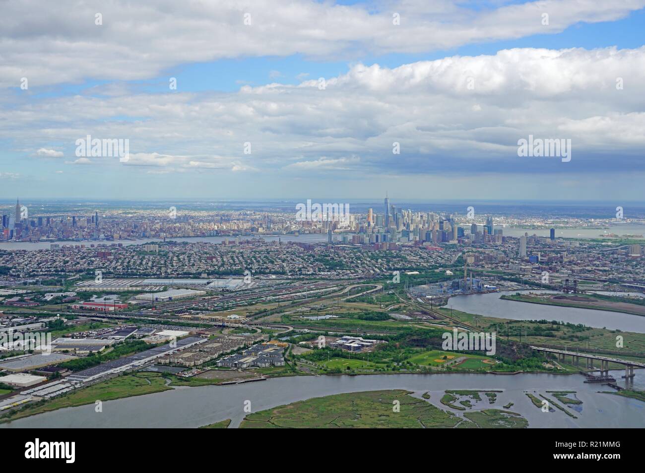 Aerial view of the Manhattan skyline in New York City seen from an ...