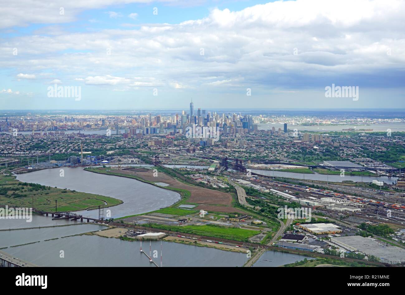 Aerial view of the Manhattan skyline in New York City seen from an ...