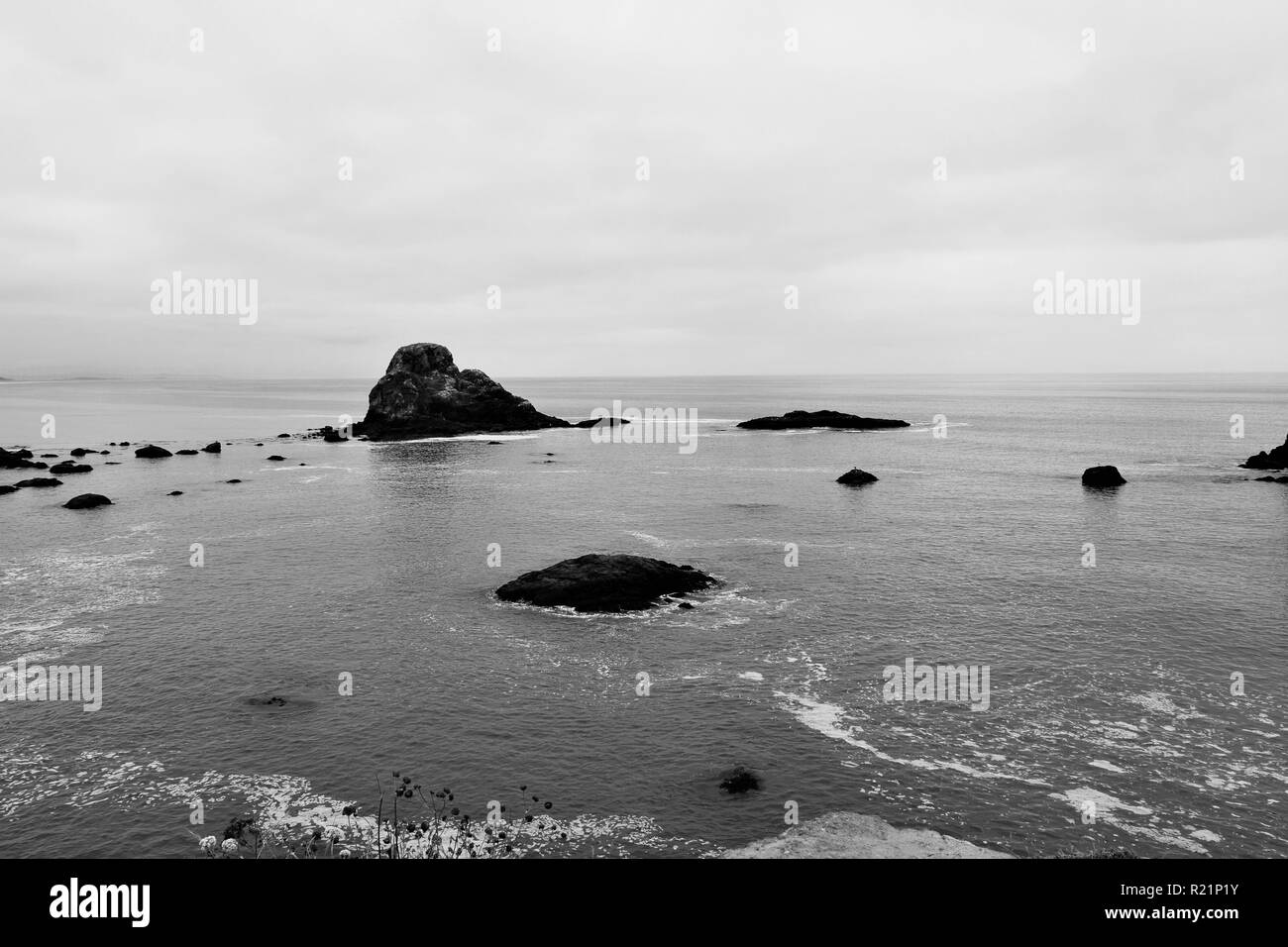 Shoreline of the Pacific Ocean in black and white Stock Photo - Alamy