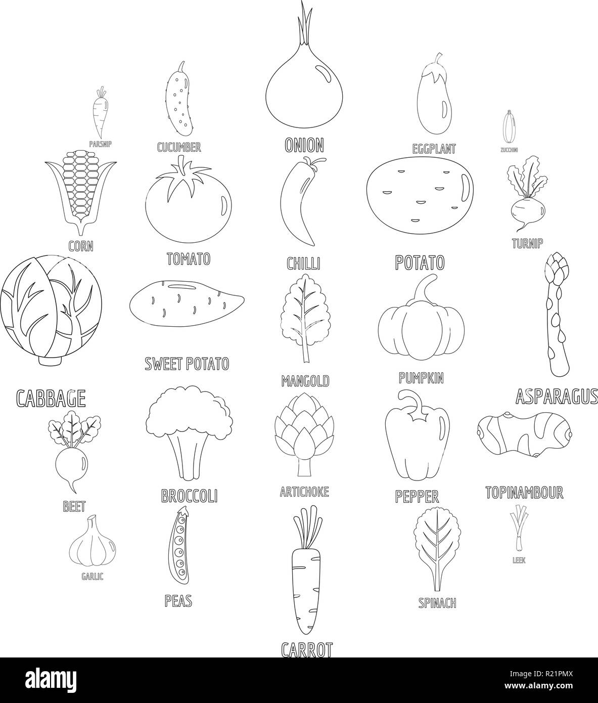 Vegetables icons set. Outline illustration of 25 vegetables vector ...