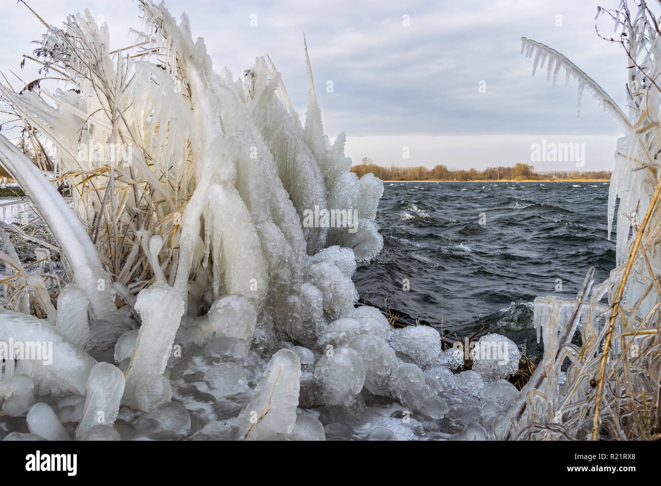 Icy shore on the downwind side of a lake. The water has frozen and ...