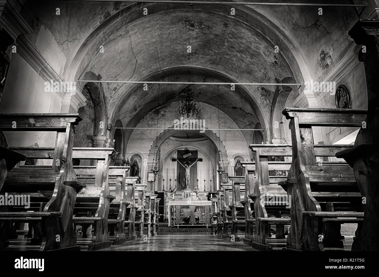 Interior of the old mountain church of Rocca Corneta, Italy Stock Photo ...