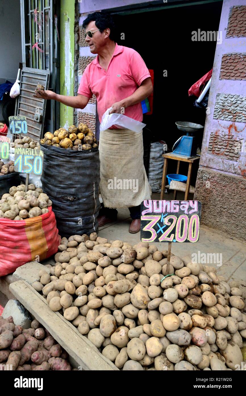 Selling potatoes - Market in HUARAZ. Department of Ancash.PERU Stock ...