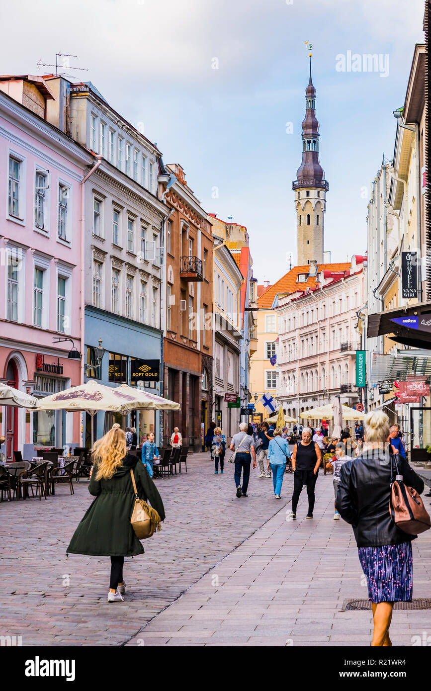 The famous Viru street, in the background, the town hall tower. Tallinn ...