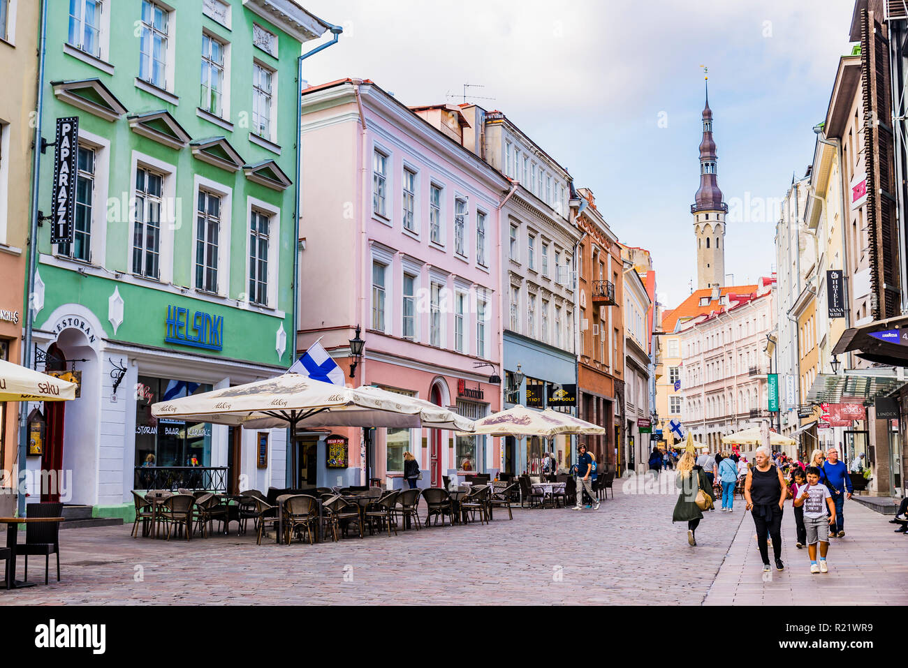 The famous Viru street, in the background, the town hall tower. Tallinn ...