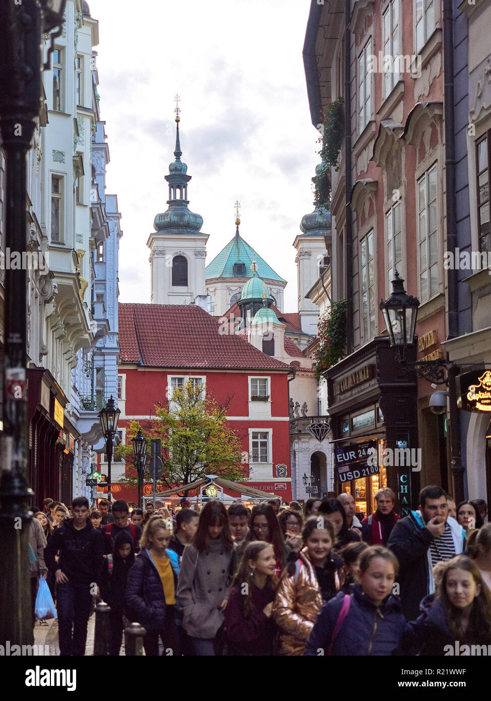 Prague, Czech Republic - October 30, 2018 A crowd of tourist walk along ...