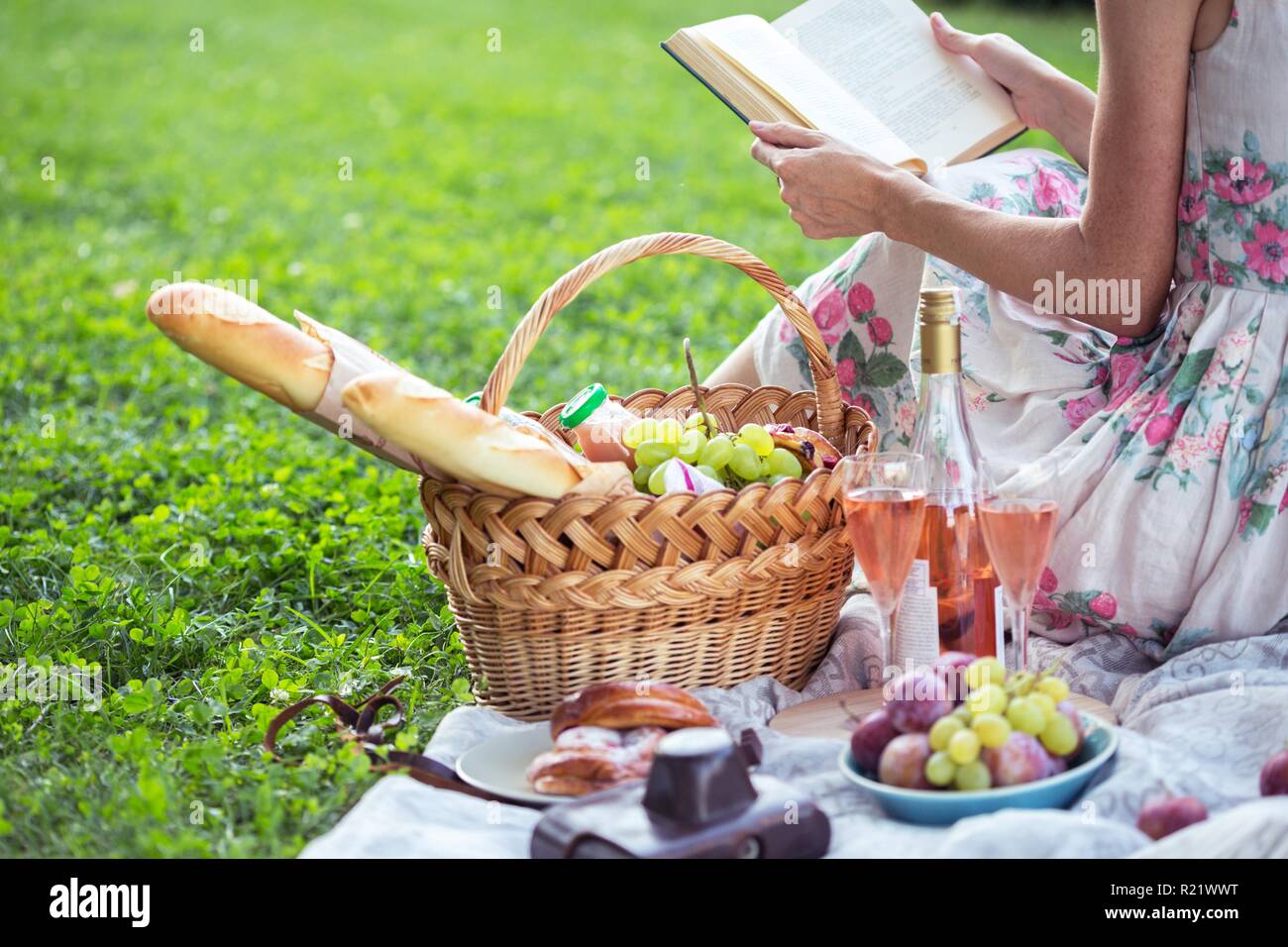 Summer - picnic in the meadow. girl sitting reading a book and near a ...