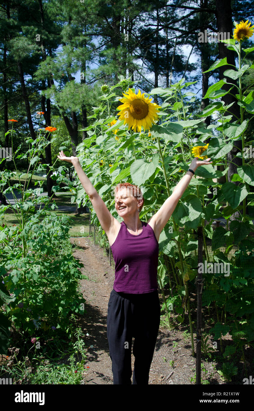 Joy with sunflowers, Omega Institute, NY Stock Photo - Alamy