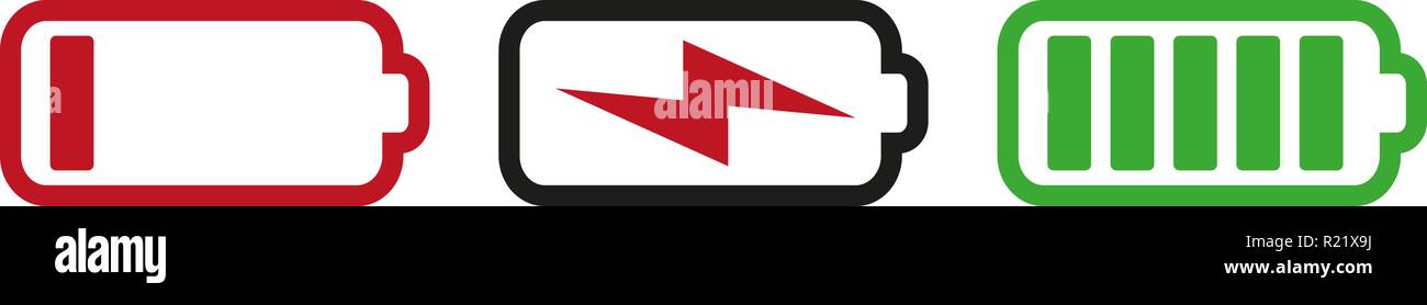 battery symbol set with states empty, charging and completely charged ...