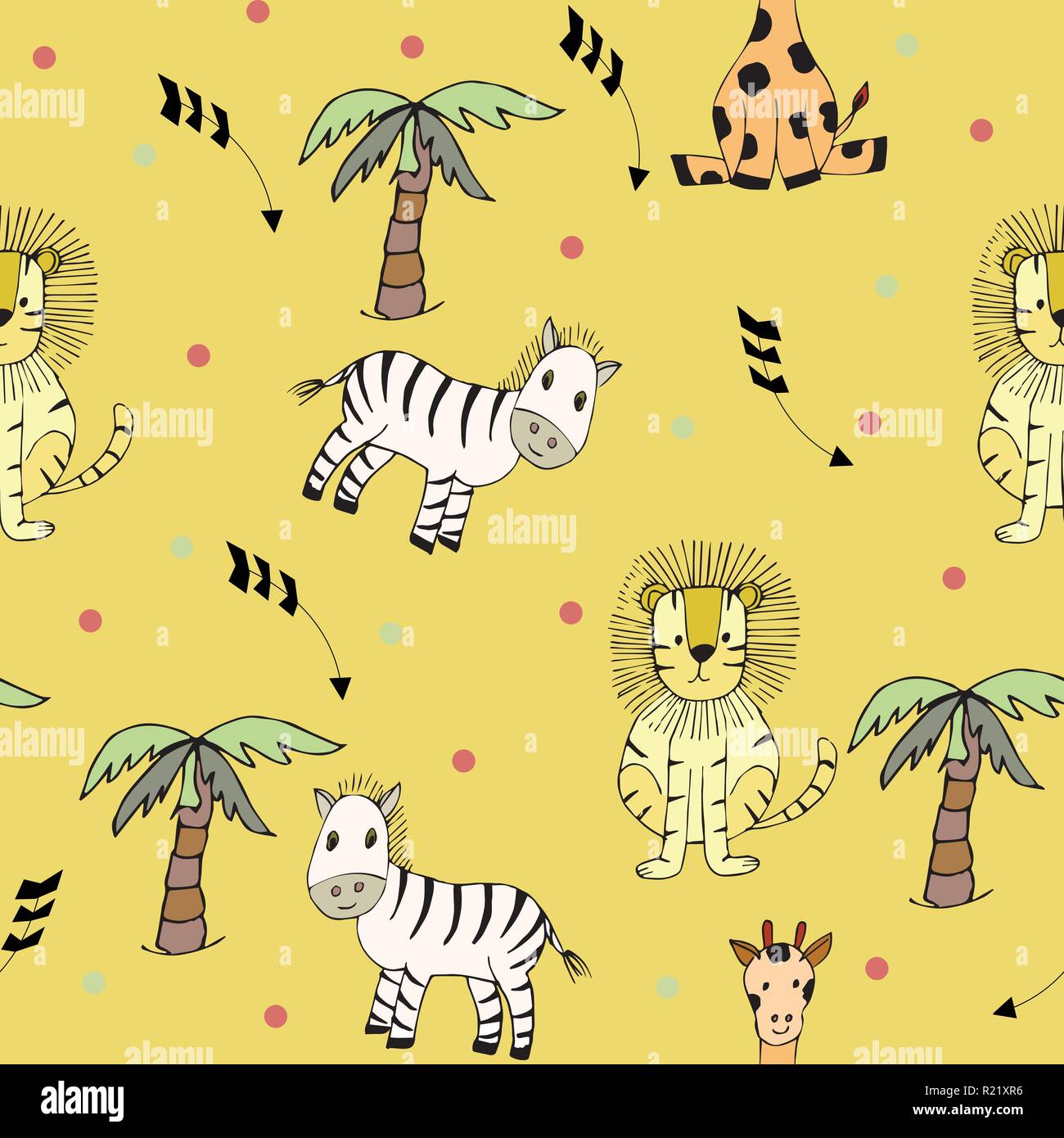 Safari seamless pattern with cute lions, zebras, giraffes and palms ...