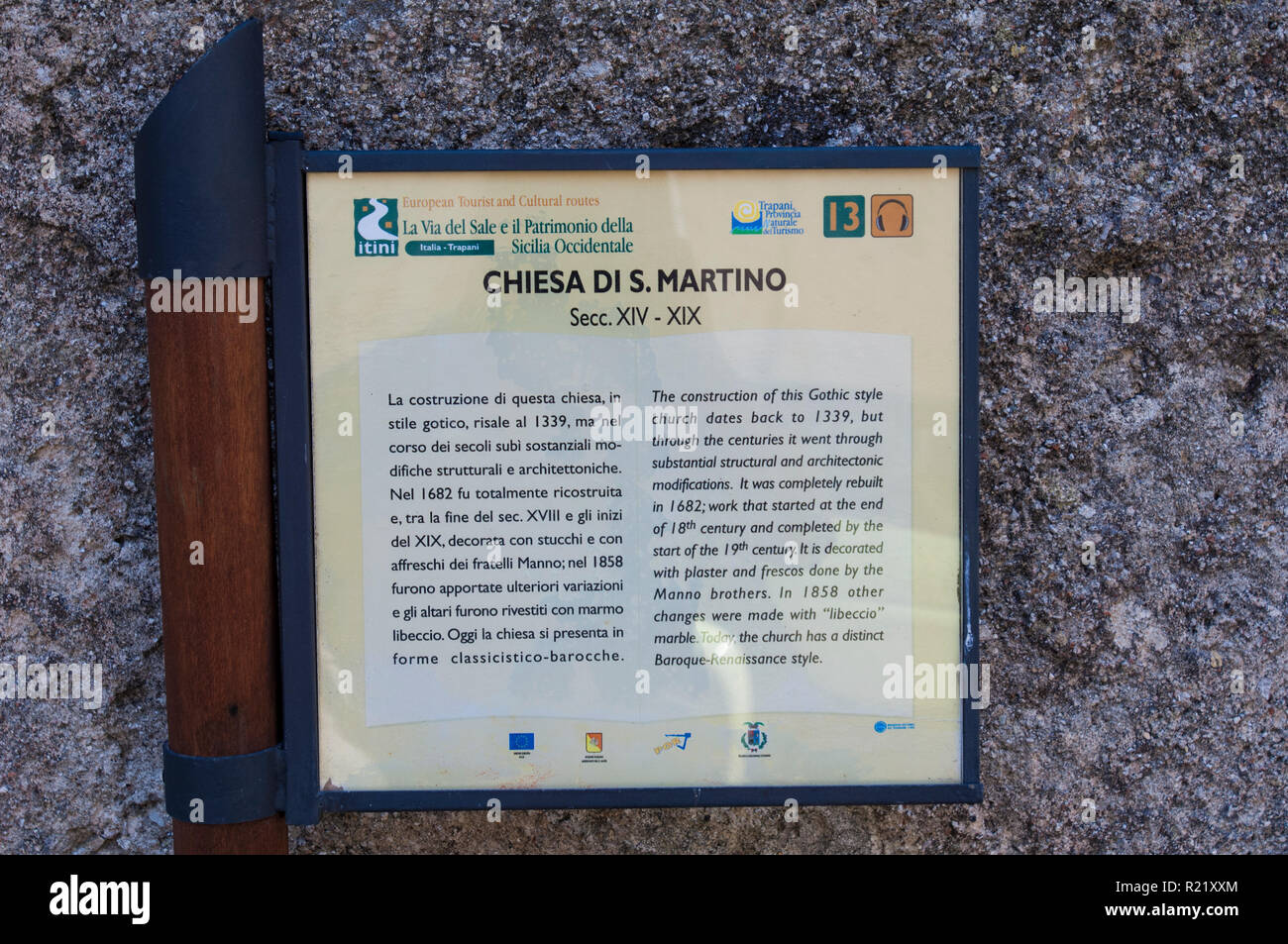 Sign describing the history of the church of St Martin in Erice, Sicily ...